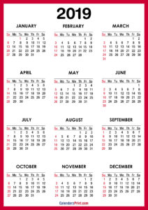 2019 Calendar – Printable Free – Red – Sunday Start – HD ...