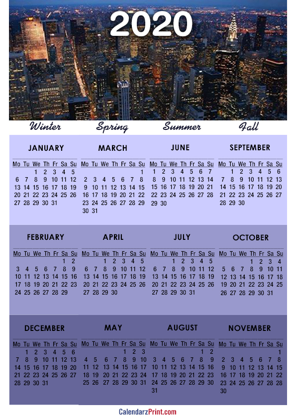 2020 Calendar – A4 Paper Size – Printable Free – New York City ...