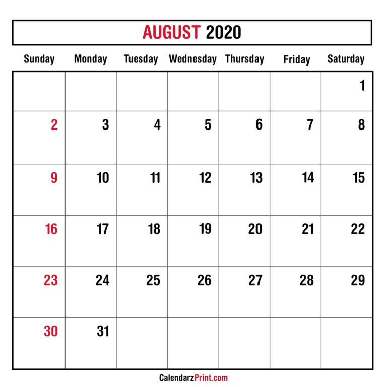 August 2020 Monthly Planner Calendar – Printable Free – Sunday Start ...