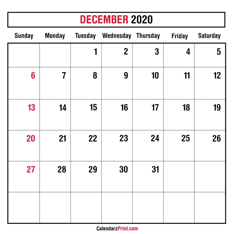 December 2020 Monthly Planner Calendar – Printable Free – Sunday Start ...