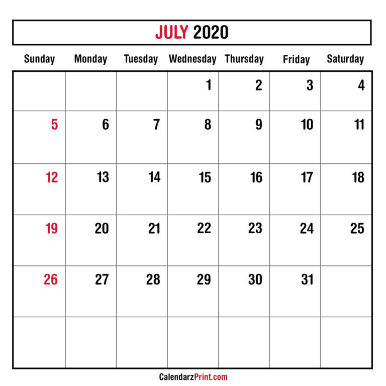 July 2020 Monthly Planner Calendar – Printable Free – Sunday Start ...
