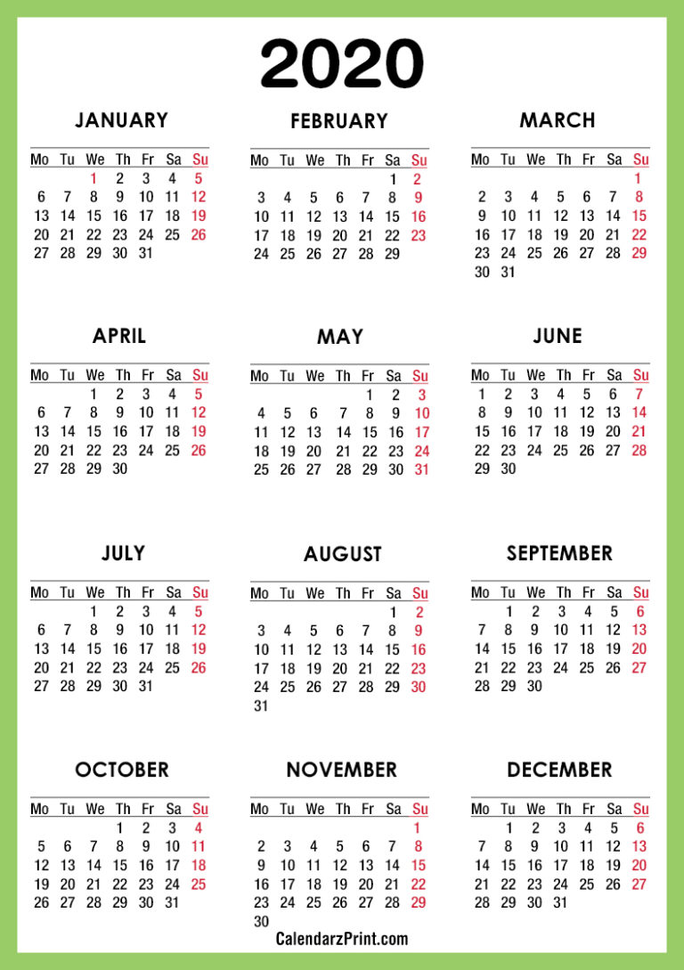 2020 Calendar – Printable Free – Light Green – Monday Start ...