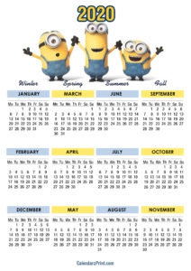 2020 Calendar – Printable Free – Minions Calendars – Monday Start ...