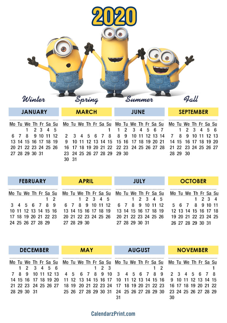 2020 Calendar – Printable Free – Minions Calendars – Monday Start ...