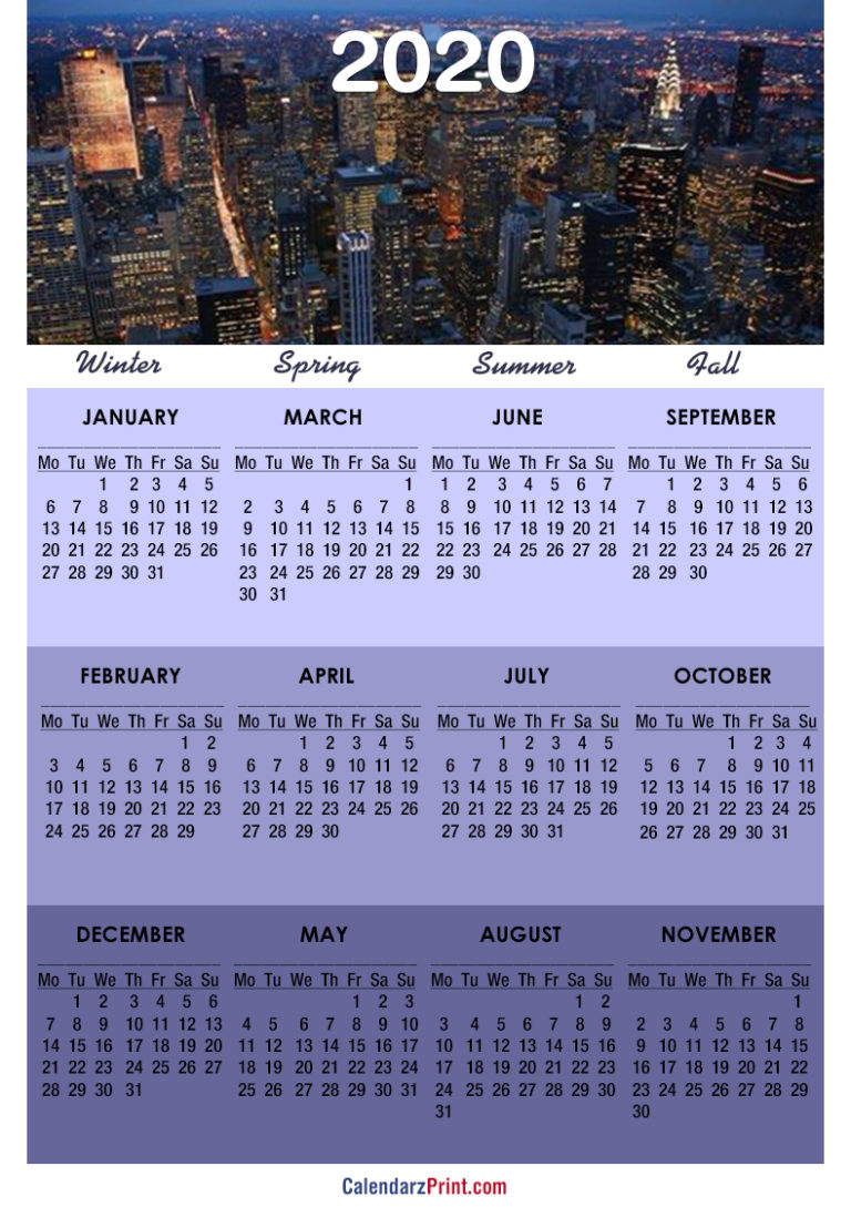 2020 Calendar – Printable Free – New York City Calendars – Monday Start ...