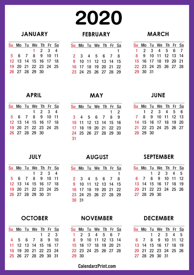 2020 Calendar – Printable Free – Purple – Sunday Start – CalendarzPrint ...