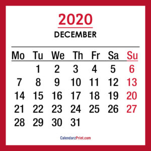 2020 Monthly Calendars – Printable Free – Monday Start – Red ...