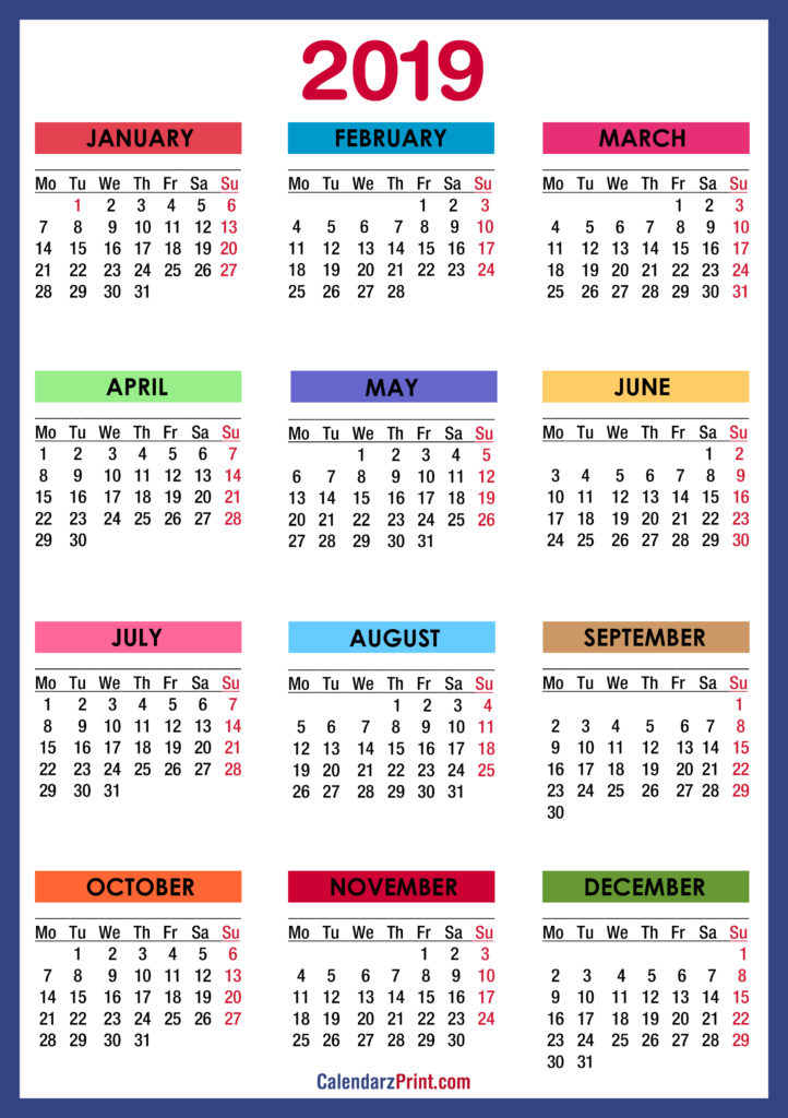 2019 Calendar Printable Free, Colorful, Blue, Green – Monday Start ...