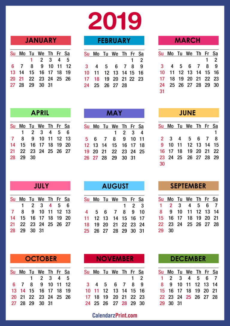 2019 Calendar with Holidays, Printable Free, Colorful, Blue, Green ...
