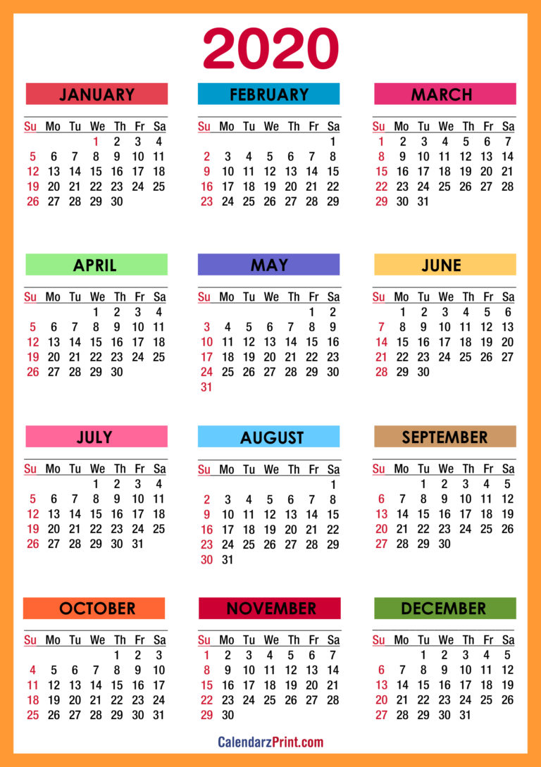 2020 Calendar Printable Free, Colorful, Red, Orange – Sunday Start ...
