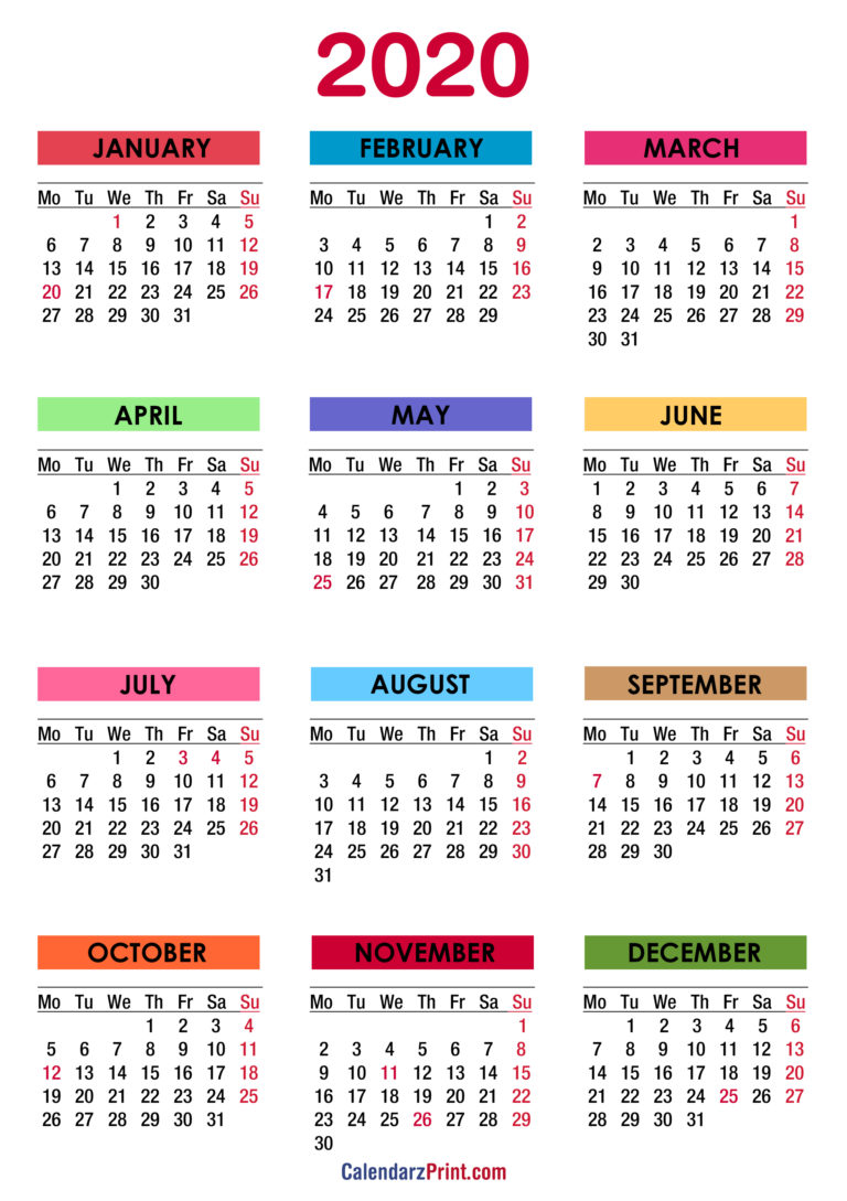 2020 Calendar with Holidays, Printable Free, Colorful – Monday Start ...