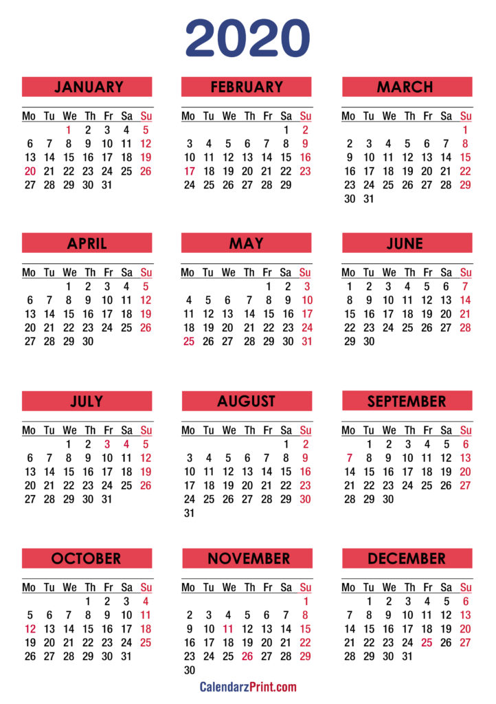 2020 Calendar with Holidays, Printable Free, Colorful – Monday Start ...