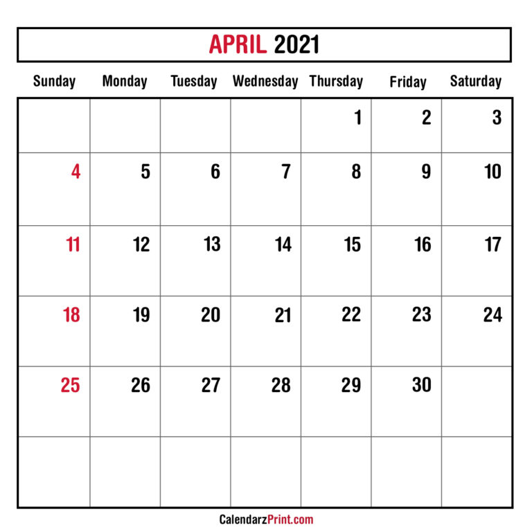 April 2021 Monthly Planner Calendar, Printable Free – Sunday Start ...