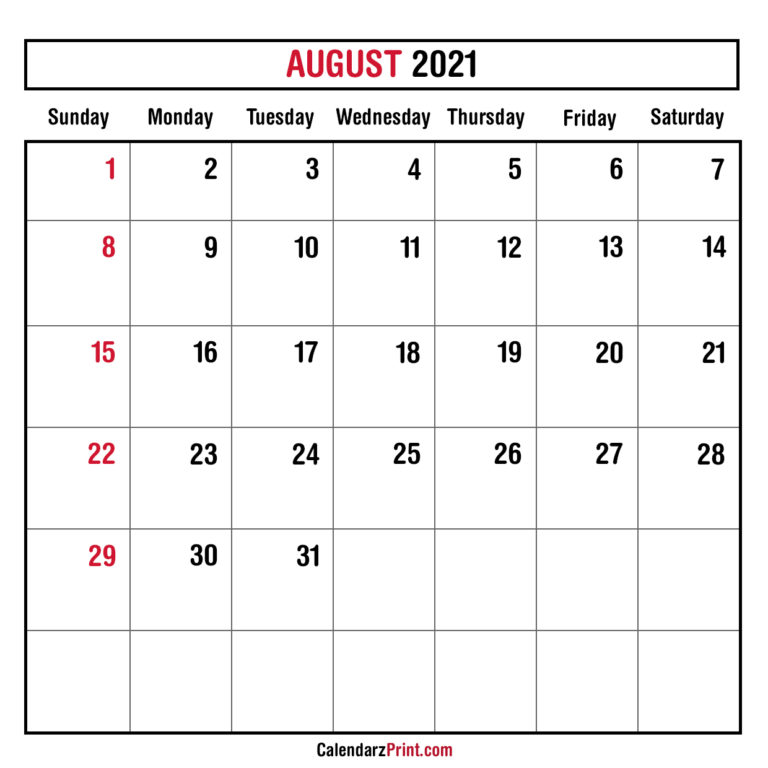 August 2021 Monthly Planner Calendar, Printable Free – Sunday Start ...