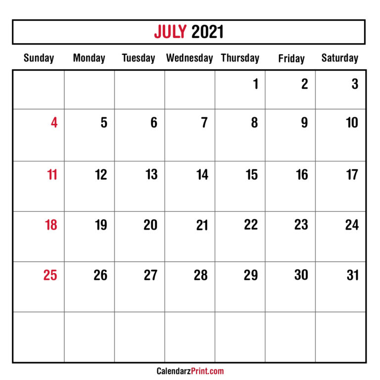 July 2021 Monthly Planner Calendar, Printable Free – Sunday Start ...