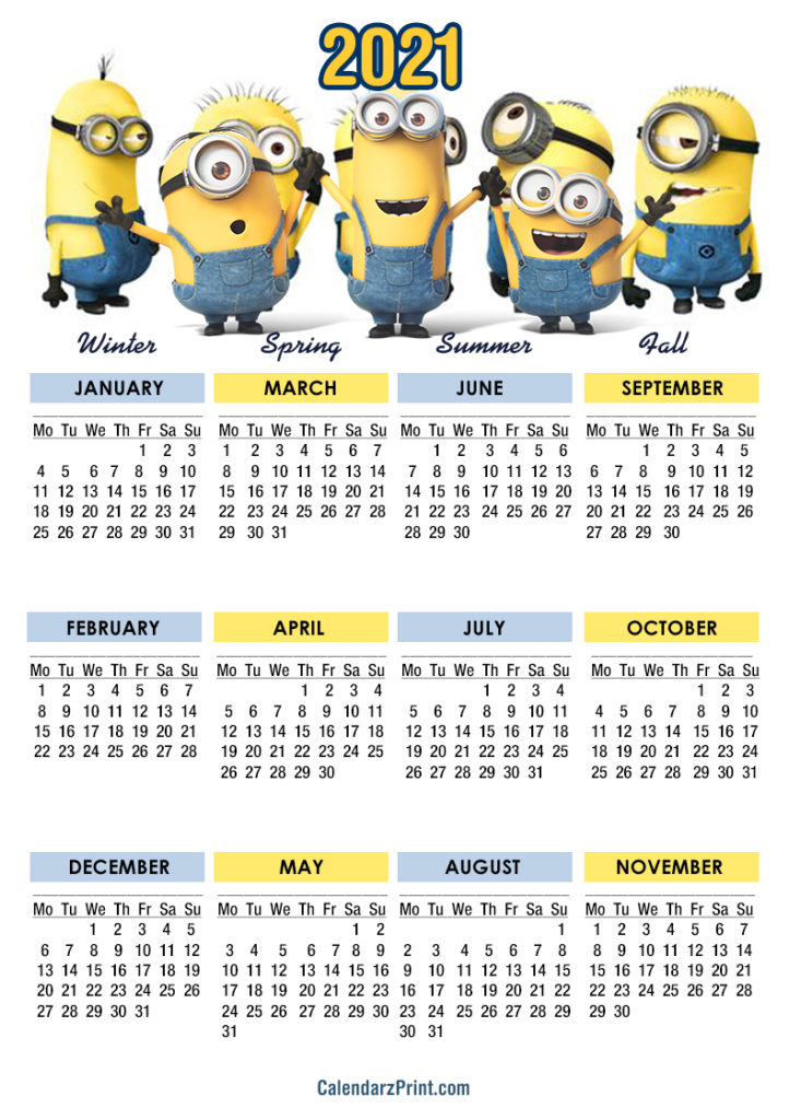 2021 Calendar, Printable Free, Minions Calendars – Monday Start ...