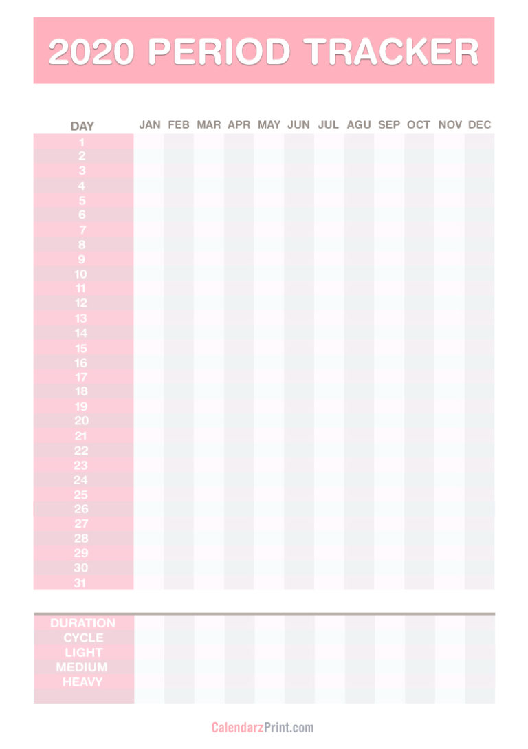 2020 Period Tracker Calendar, Free Printable PDF, JPG, Red ...