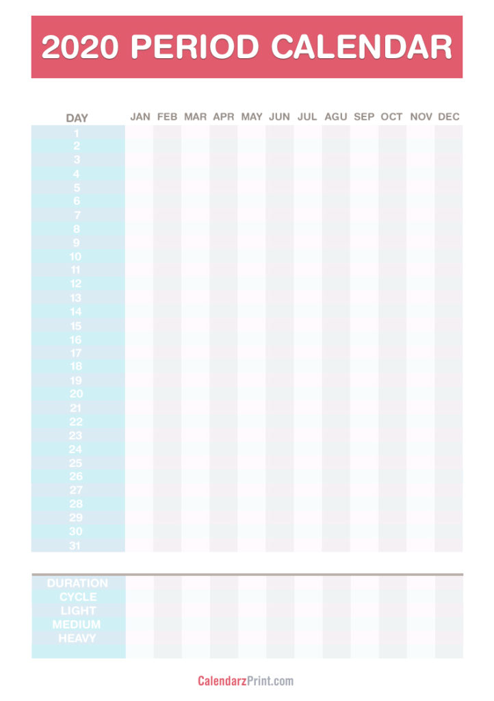 2020 Period Calendar, Free Printable PDF, JPG, Red, Blue ...