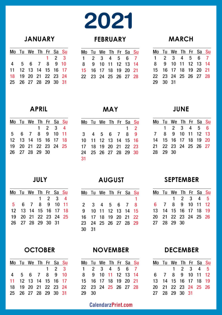 2021 Calendar PDF – Printable, Blue, MS – CalendarzPrint | Free ...