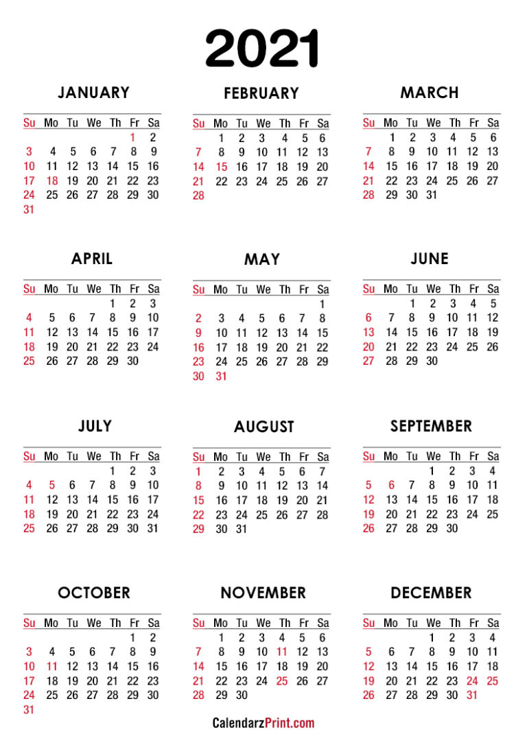 2021 Calendar Printable Free with USA Holidays – Sunday Start ...