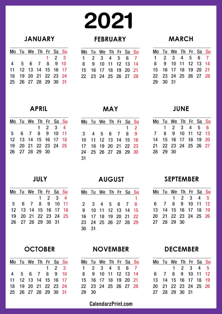 2021 Calendar, Printable Free, Purple – Monday Start – CalendarzPrint ...