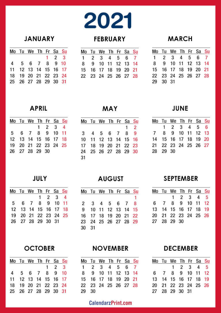 2021 Calendar PDF – Printable, Red, MS – CalendarzPrint | Free ...
