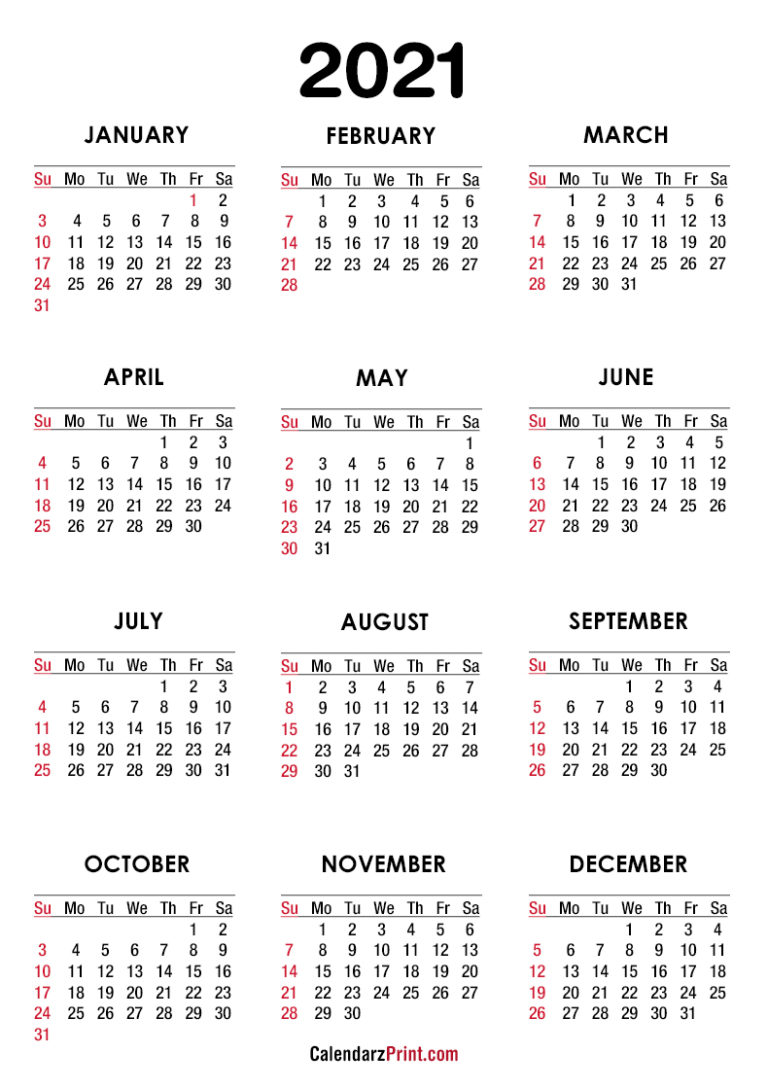 2021 Calendar PDF – Printable, White, SS – CalendarzPrint | Free ...