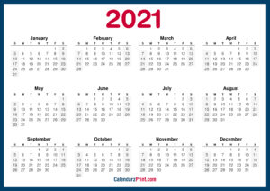 2021 Calendar Printable Free, Horizontal, HD, Navy Blue ...