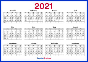 2021 Calendar Printable Free, Horizontal, HD, Electric Blue ...