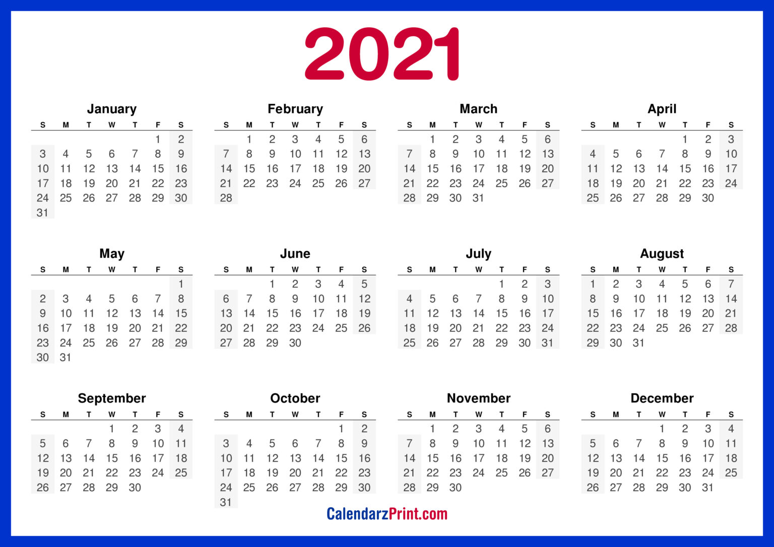 2021 Calendar Printable Free, Horizontal, HD, Electric Blue ...