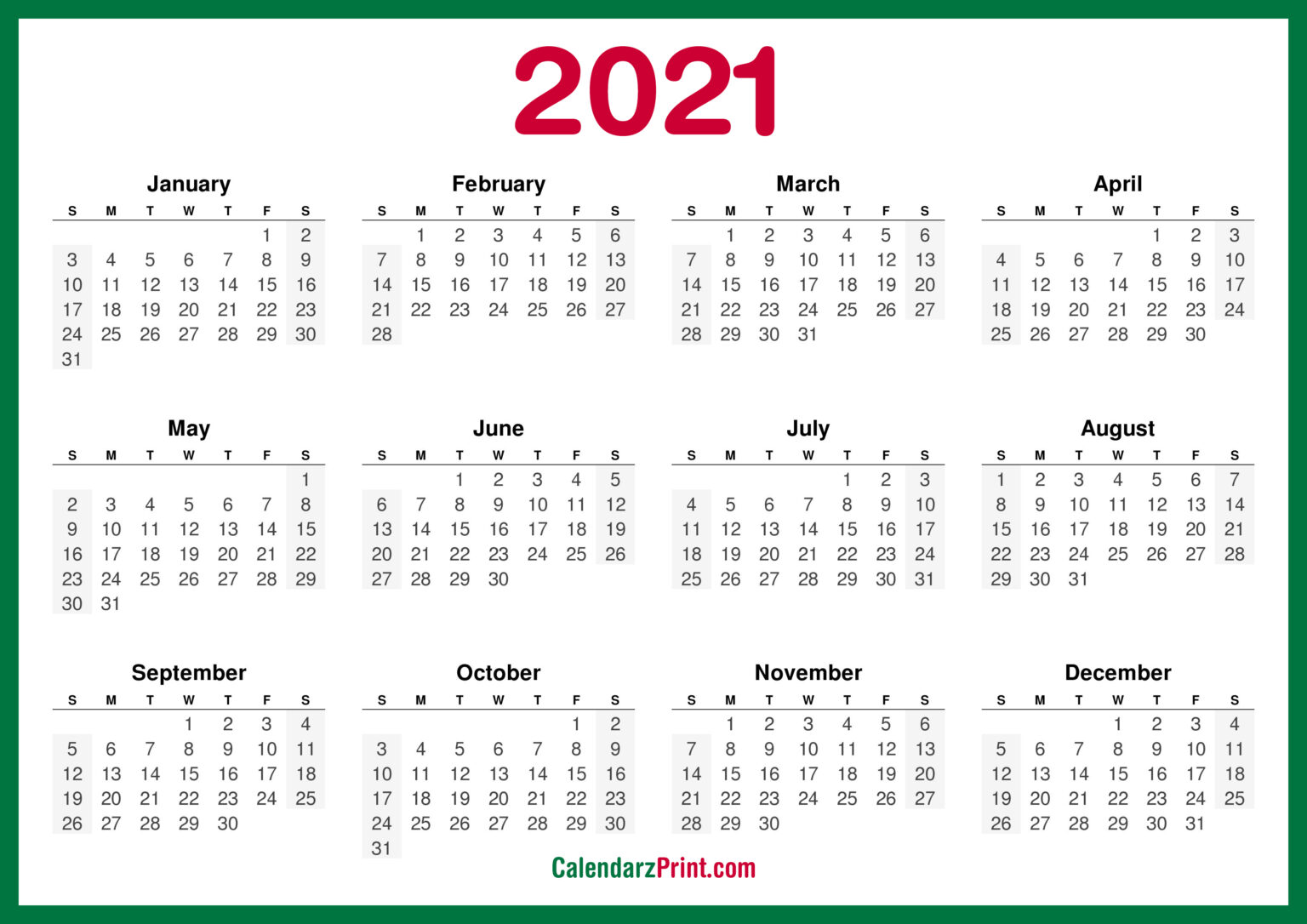 2021 Calendar Printable Free, Horizontal, HD, Green – CalendarzPrint ...