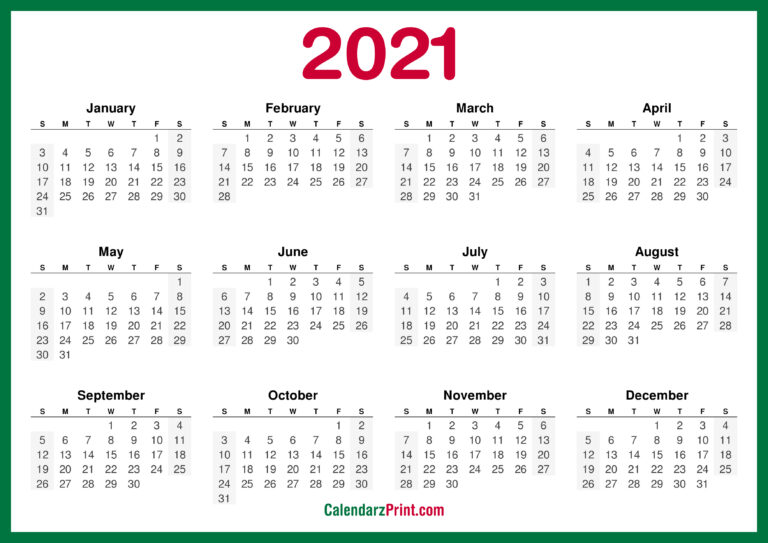 2021 Calendar Printable Free, Horizontal, HD, Green – CalendarzPrint ...