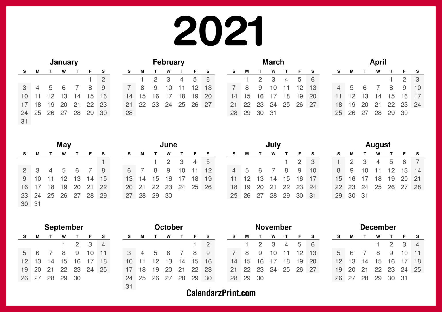 2021 Calendar Printable Free, Horizontal, HD, Red – CalendarzPrint ...