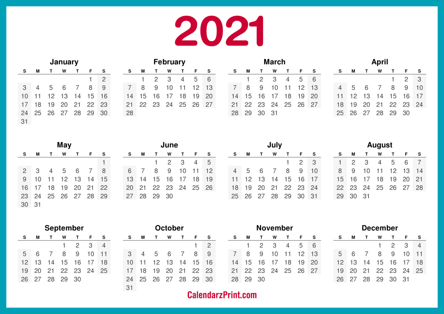 2021 Calendar Printable Free, Horizontal, HD, Turquoise Blue ...